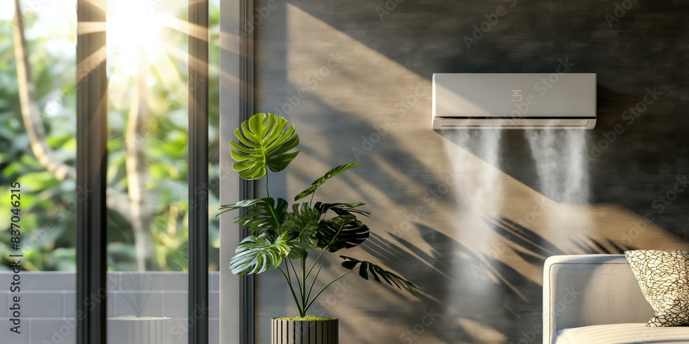 A modern air conditioner mounted on a wall, emitting cool, flowing air ...