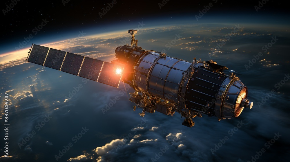 An image of a satellite in orbit with advanced communication systems ...