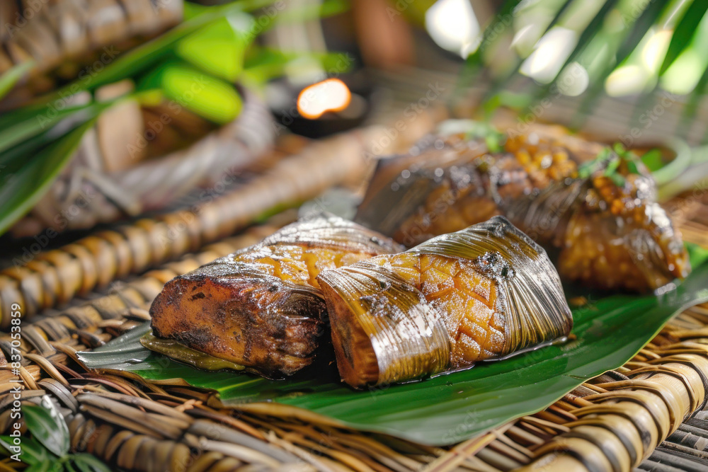 Samoan Palusami with Baked Taro Leaves in Coconut Cream on a Woven Mat ...