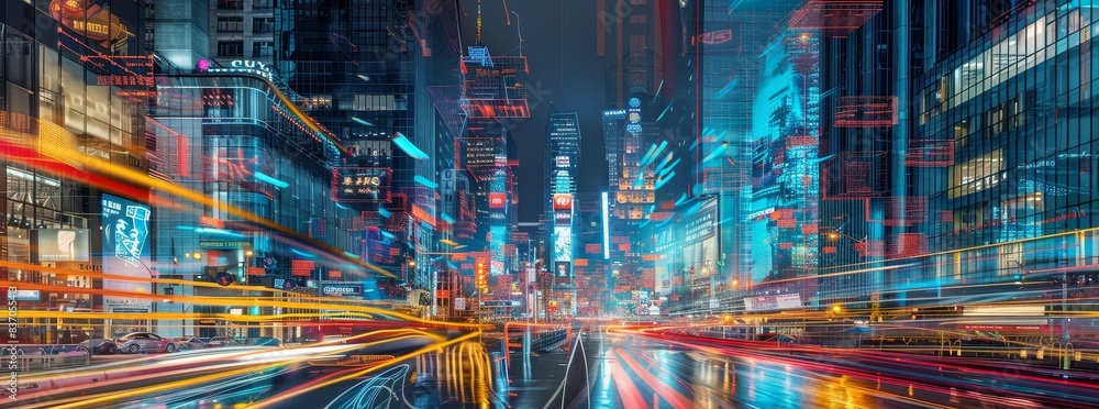 Smart city infrastructure with data visualizations overlaid on ...