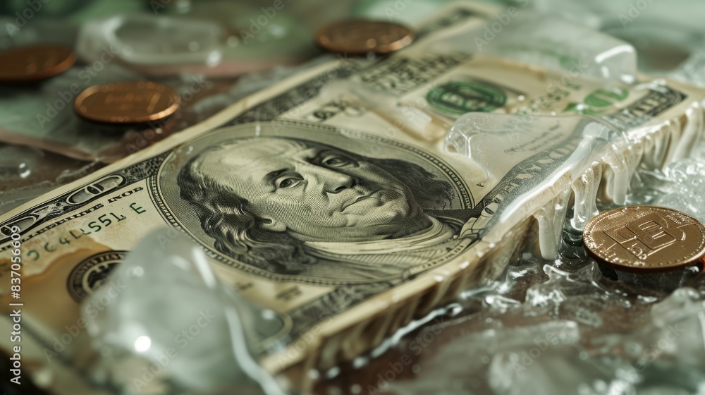 Money melting like ice, Visualization of bills and coins that slowly ...