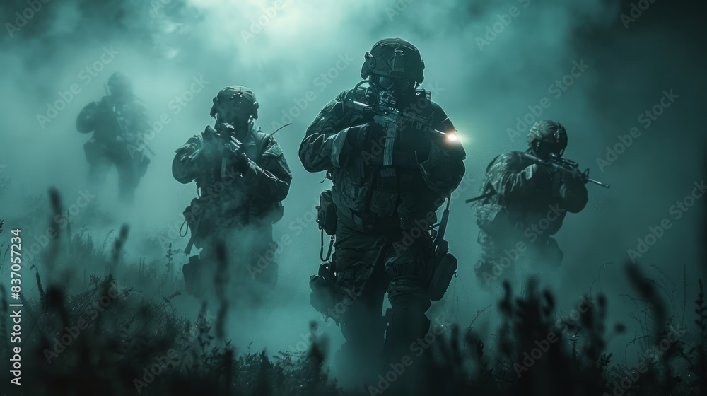 Special operations forces conducting a night raid with night vision ...