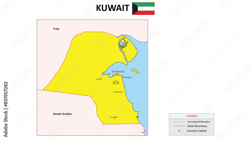 Kuwait Map. Major city in Kuwait. Political map of Kuwait with border ...