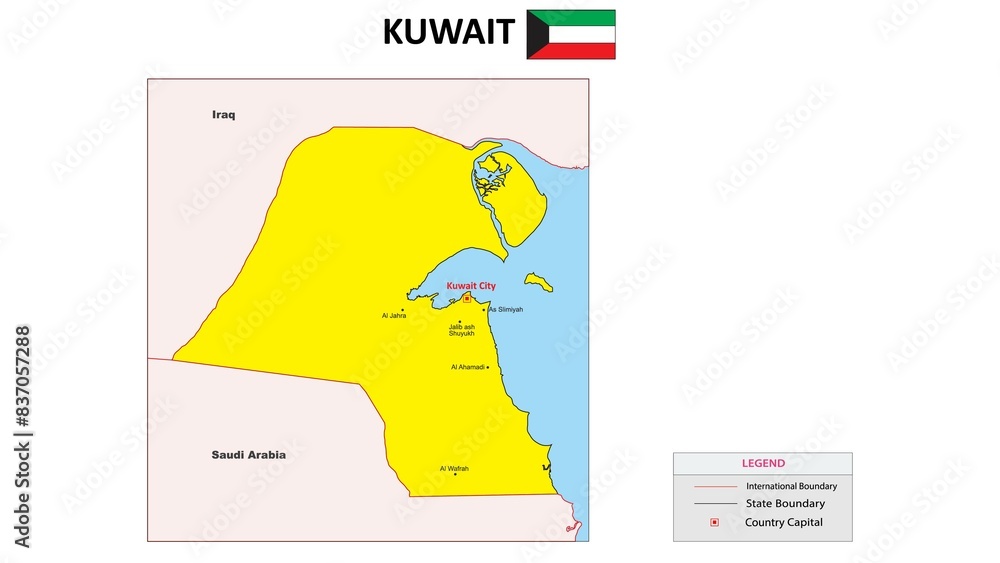 Kuwait Map. Major city in Kuwait. Political map of Kuwait with border ...