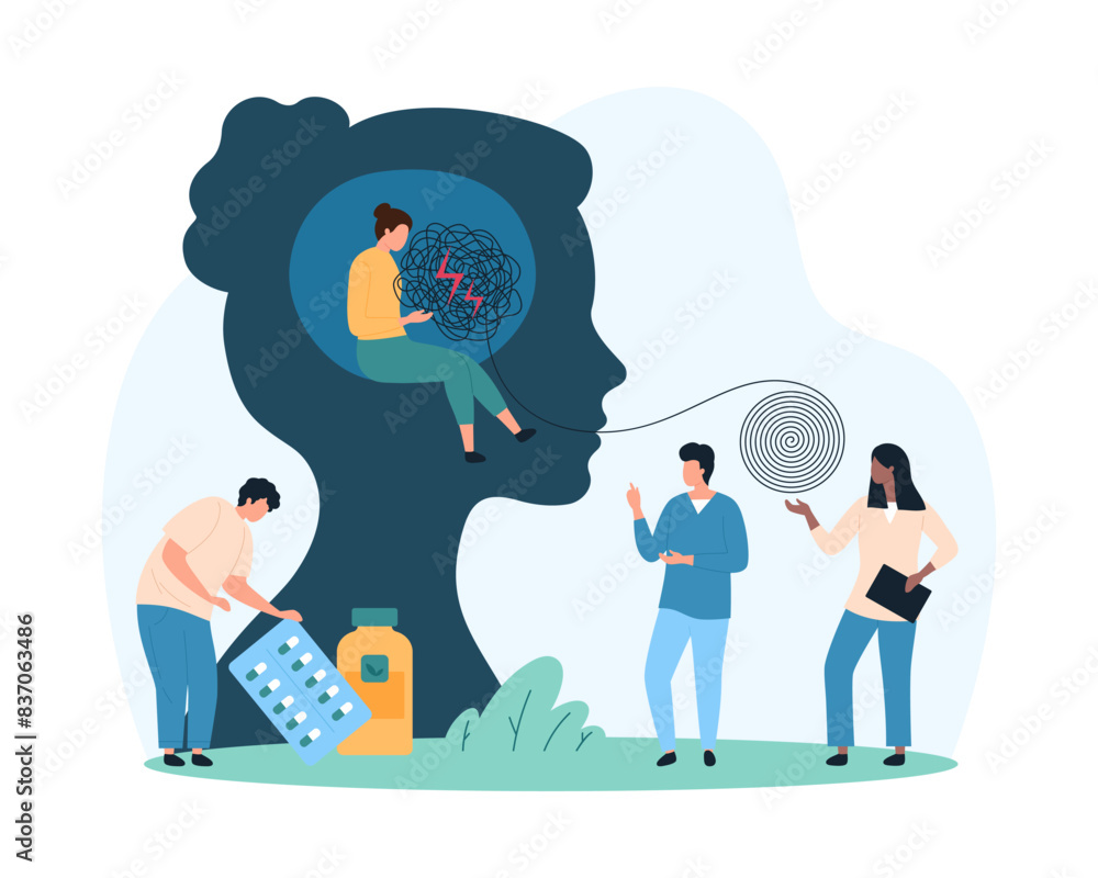 Mental health, counseling and psychotherapy. Tiny people unravel chaos ...