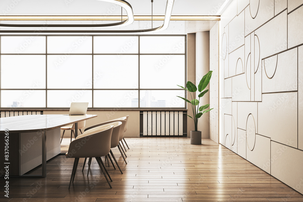 Modern wooden conference room interior with panoramic windows and city ...