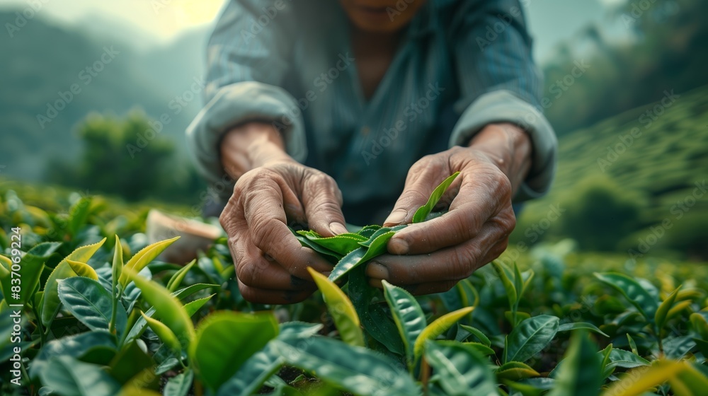 Close up hands of Chinese traditional farmer picking tea leaves from ...