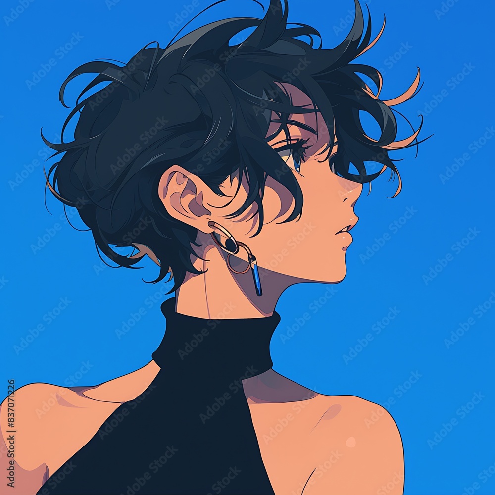 A retro anime profile picture of an androgynous woman with black hair ...