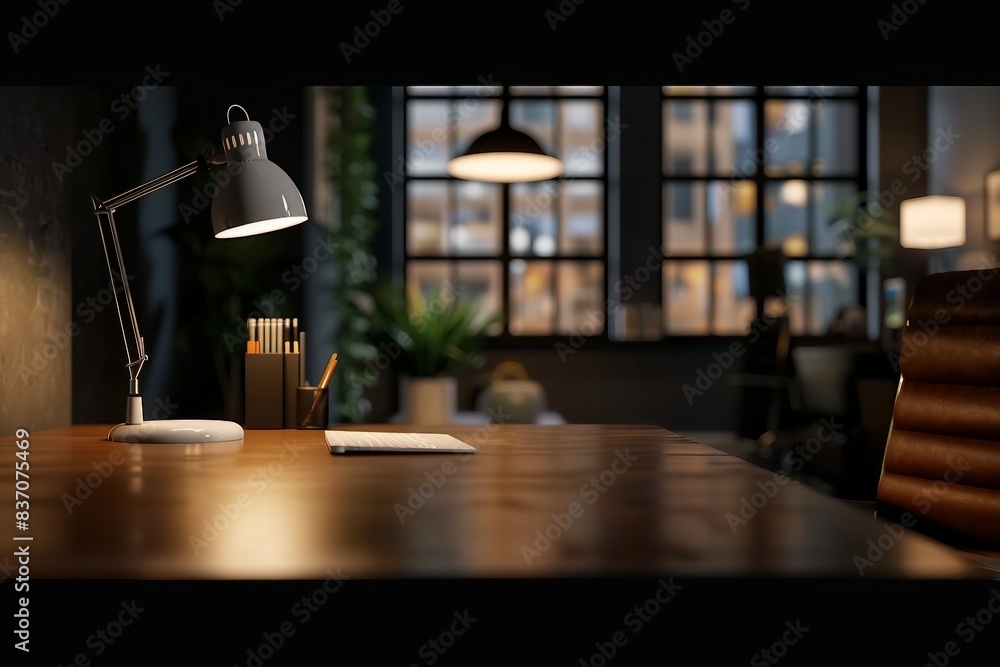 close-up image, Modern stylish dark workspace tabletop with table lamp ...