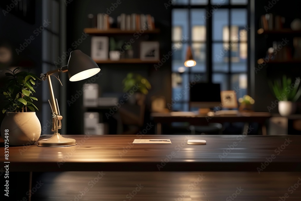 close-up image, Modern stylish dark workspace tabletop with table lamp ...