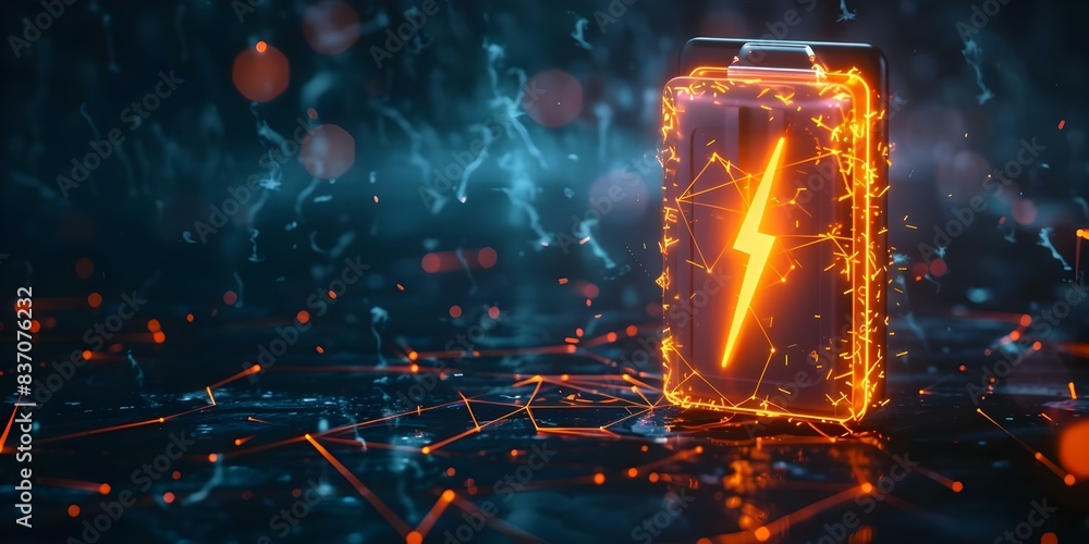 Lithium ion battery with a lightning bolt icon abstract stars ...