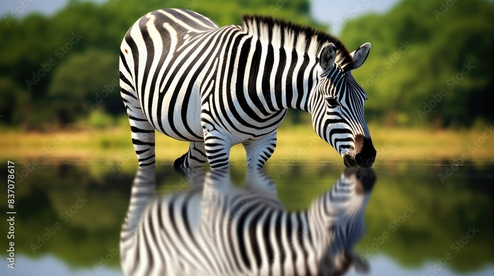 Photograph of a zebra reflected in a still pond, its mirrored image ...