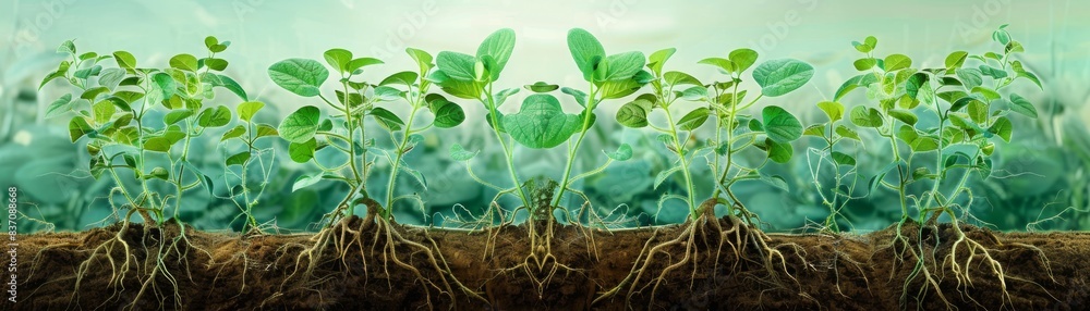 A diagram of the soybean plant showing roots, stems, and pods ...