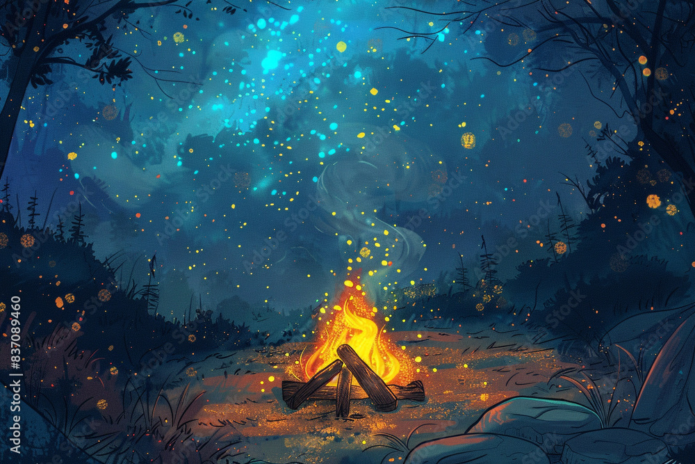 Campfire Outdoor experiences and storytelling, handdrawn illustration ...