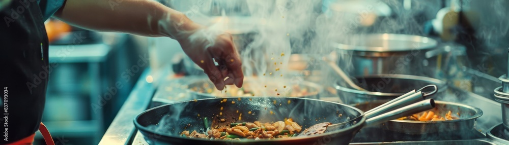 A chef adding MSG to a stirfry, professional kitchen theme, side view ...