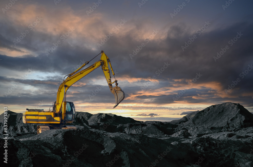 Poster Excavator working on earthmoving at open pit mining – Wall Art ...