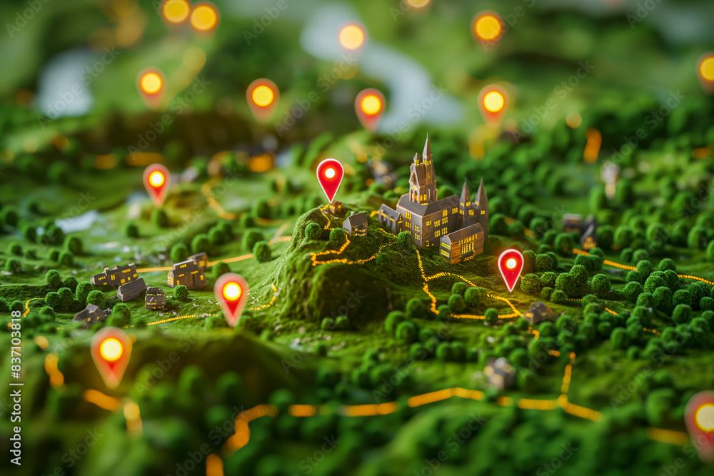 miniature terrain map with multiple location markers and a castle ...