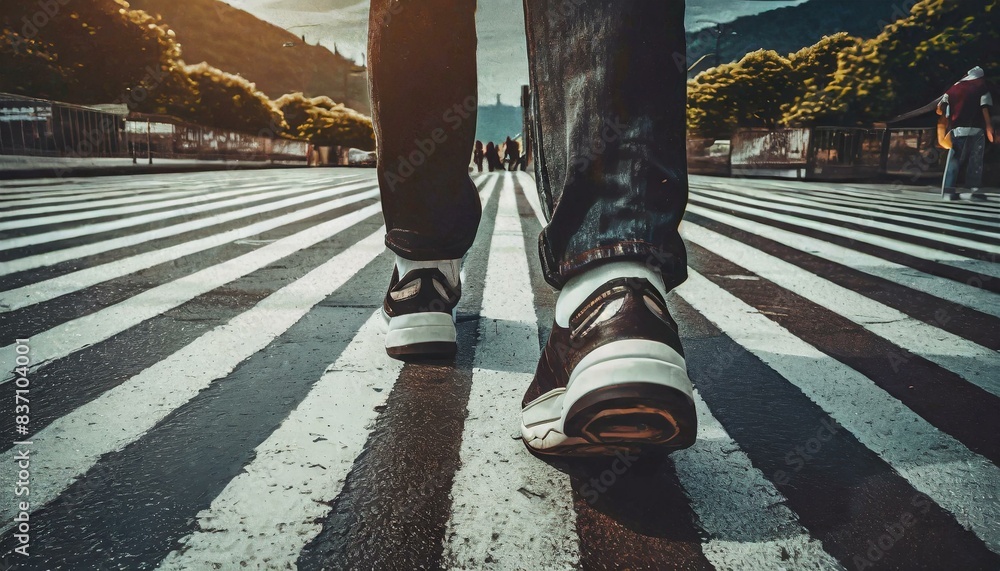 Crosswalk showing the feet and shoes of a person crossing in a city; a ...