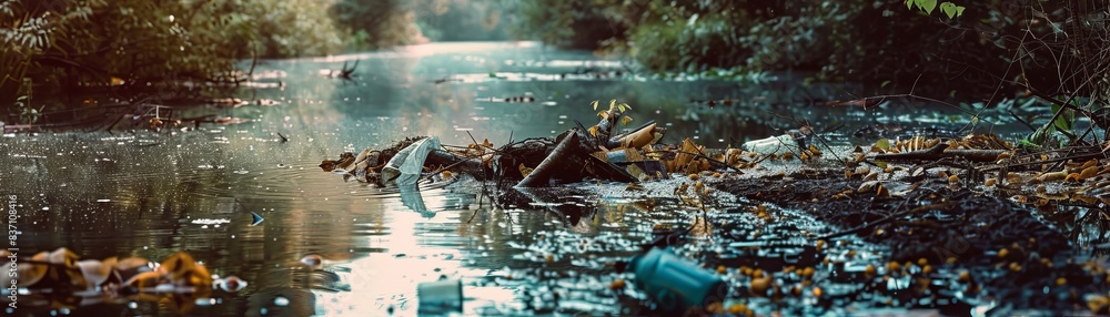 A polluted river with floating debris, ecological harm theme, side view ...