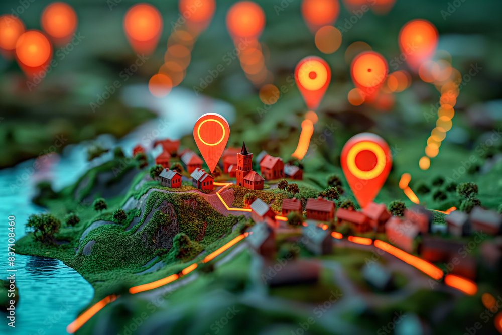 Miniature terrain map featuring location markers highlighting a village ...