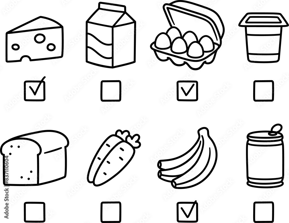 Grocery shopping list doodles. Bread, milk, eggs and cheese, bananas ...