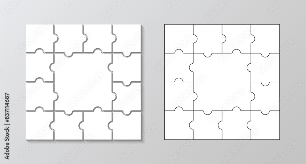Puzzle square grids solid and outline. Cutting template. Jigsaw pieces ...