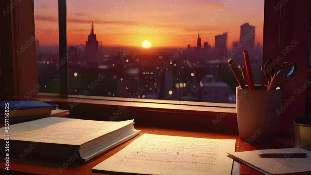 A study desk cluttered with books papers laptop, stream starting soon ...