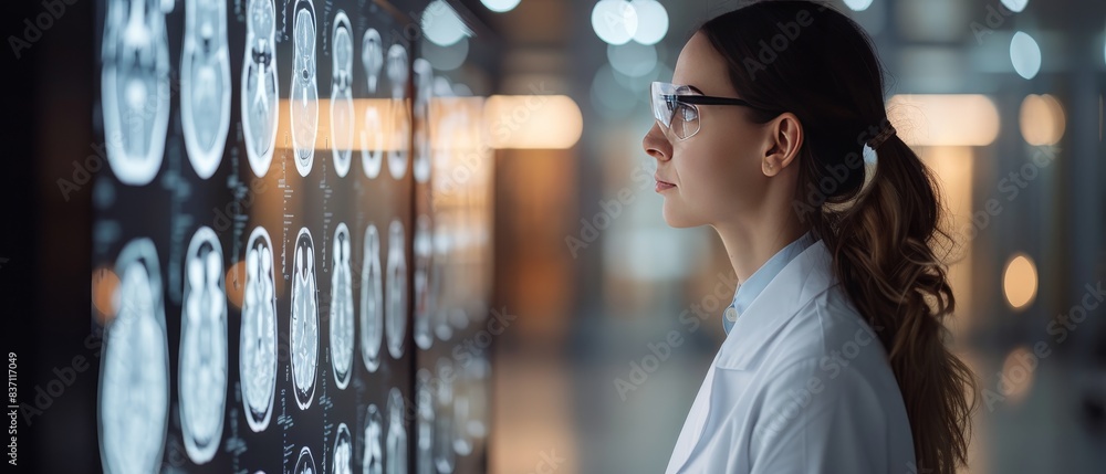 Female doctor examines medical scans on a lightbox in a hospital ...