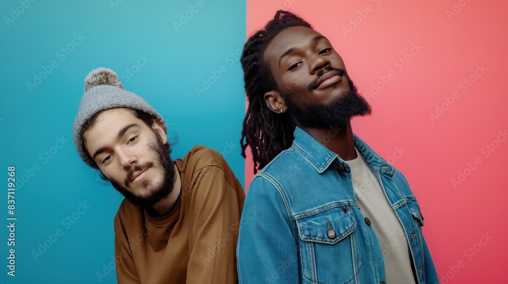 Two young men pose for a portrait in a studio setting. The man on the ...