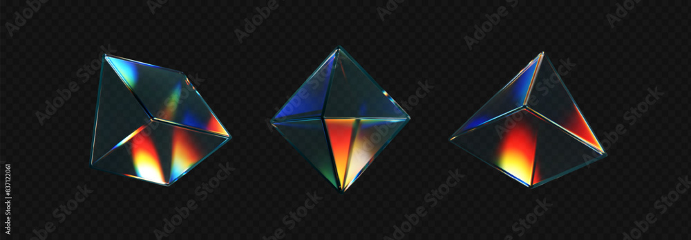 3d crystal glass shapes with refraction and holographic effect isolated ...