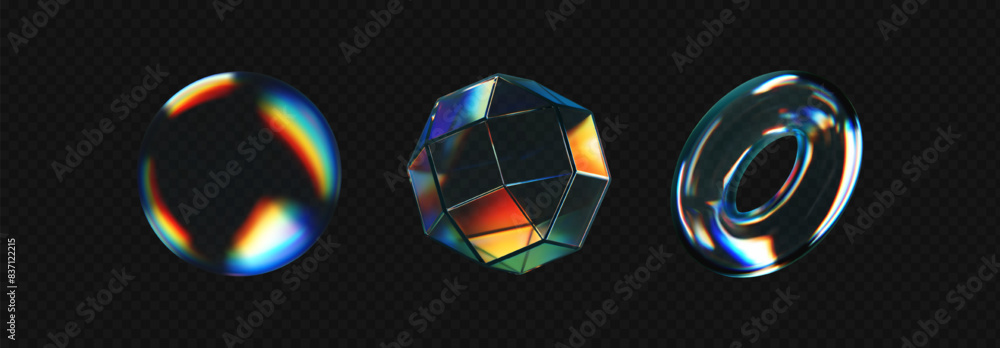 3d crystal glass shapes with refraction and holographic effect isolated ...