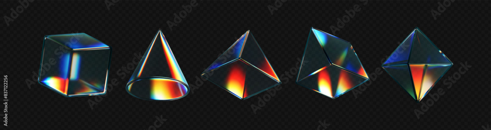3d crystal glass shapes with refraction and holographic effect isolated ...