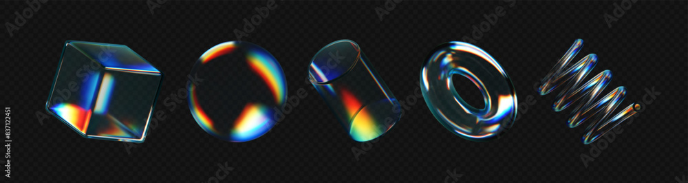 3d crystal glass shapes with refraction and holographic effect isolated ...