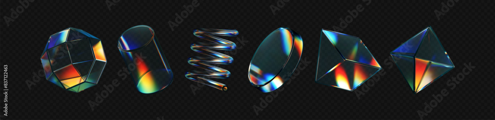 3d crystal glass shapes with refraction and holographic effect isolated ...