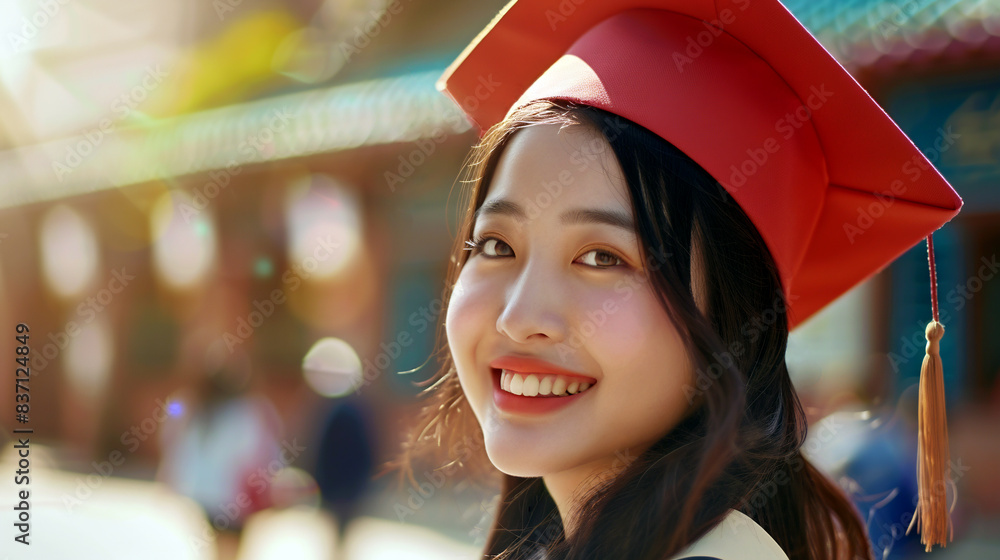 A young Asian woman smiling, wearing a red graduation cap, celebrating ...