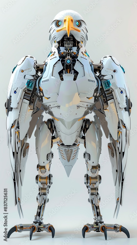 Depict a futuristic eagle robot standing tall, broadcasting news with ...