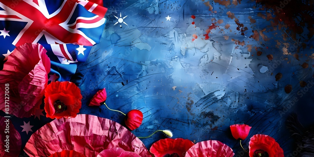 Anzac Day background with Australia flag poppy flowers and Remembrance ...