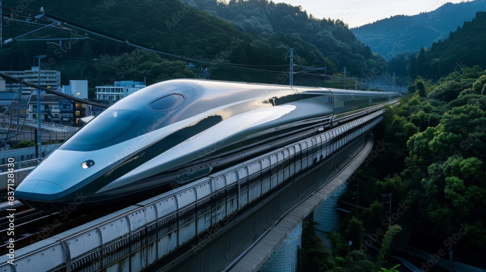 A futuristic Chuo Shinkansen maglev train in motion, with its ...