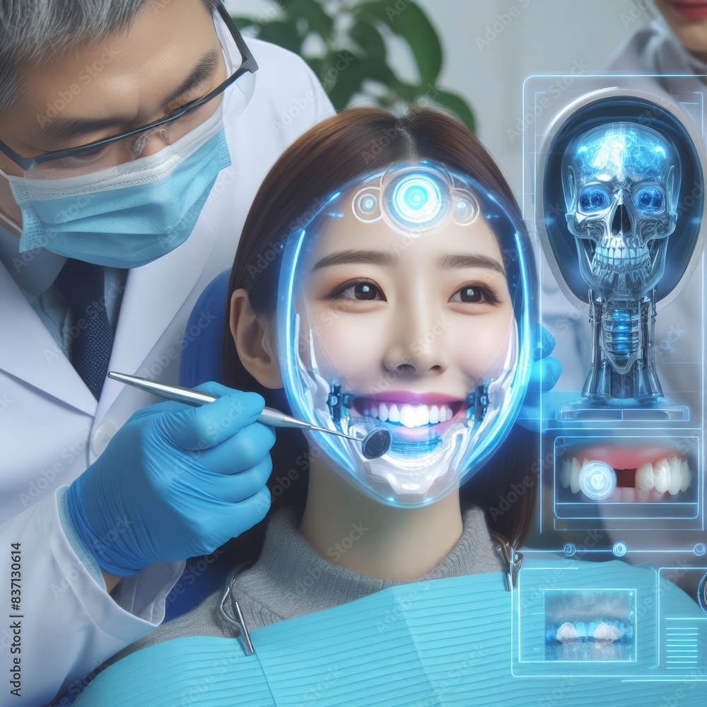 Dentist examining a patient's teeth with augmented reality overlay ...