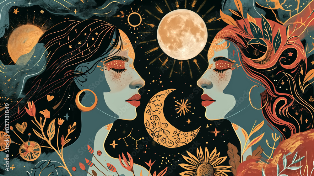 Illustration of two women facing each other with celestial elements and ...