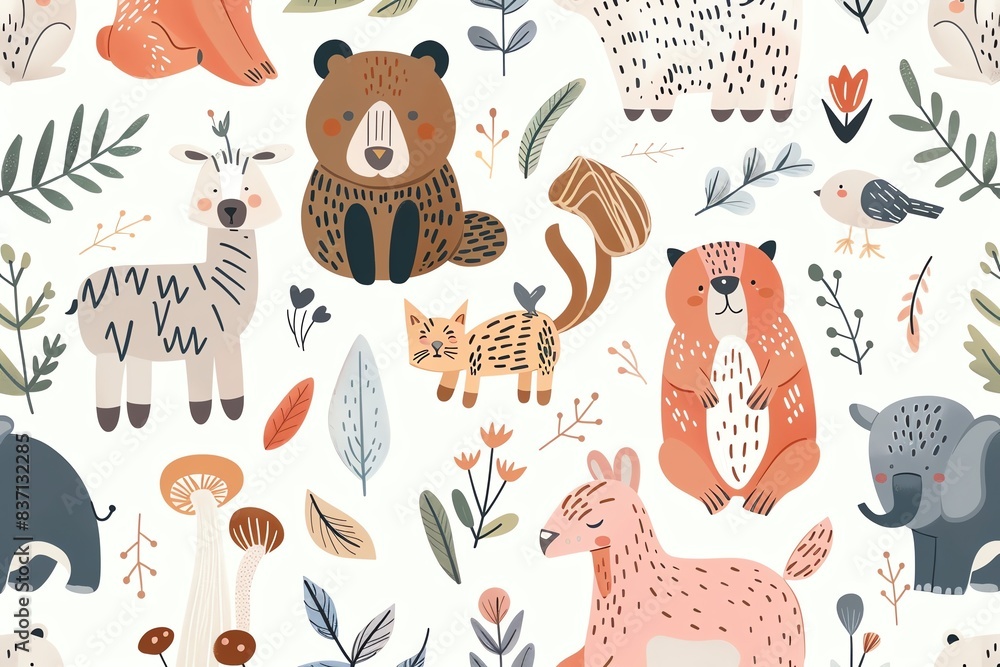 Cute seamless pattern with woodland animals and flowers. Perfect for ...