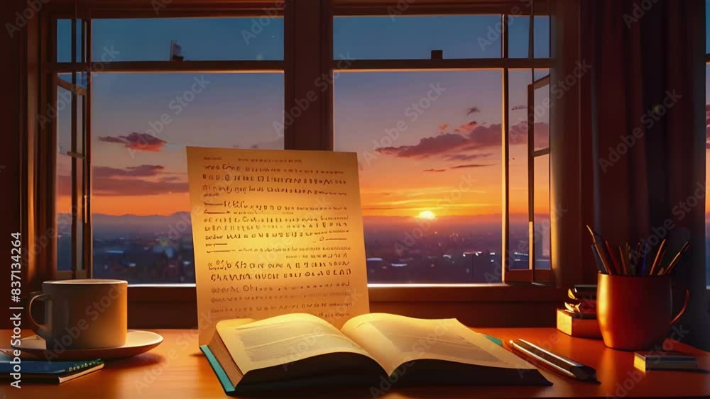 A study desk cluttered with books papers laptop, stream starting soon ...