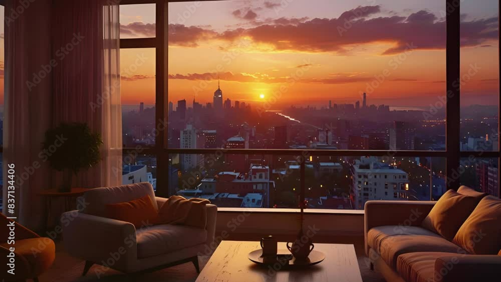 A cozy living room with large windows vibrant cityscape at sunset ...