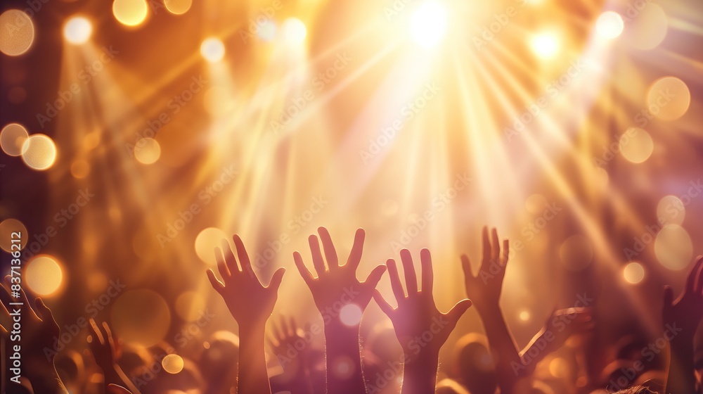 people silhouette with raised hands at christian concert worship God ...