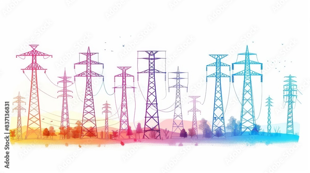 Colorful watercolor illustration of electrical power lines and towers ...