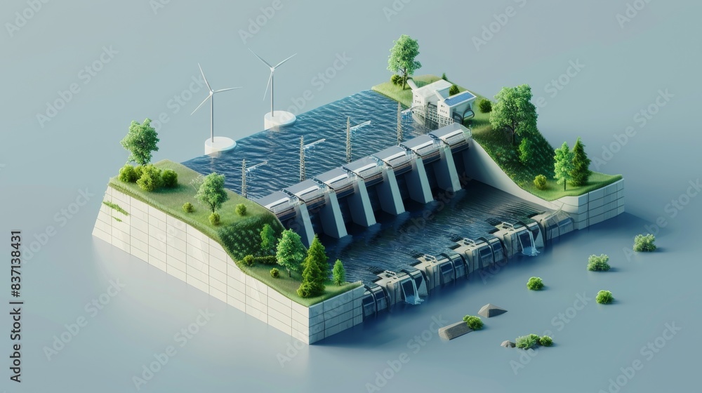 The clean energy triad in isometric form: hydroelectricity dam, solar ...