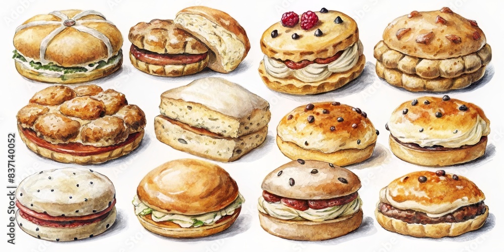 pastry sketches set of scones and buns , pastries, bakery, sketch, hand ...