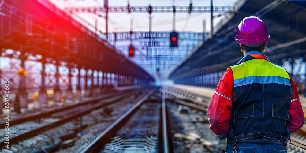 Engineer inspecting railway switch construction wearing safety gear at ...