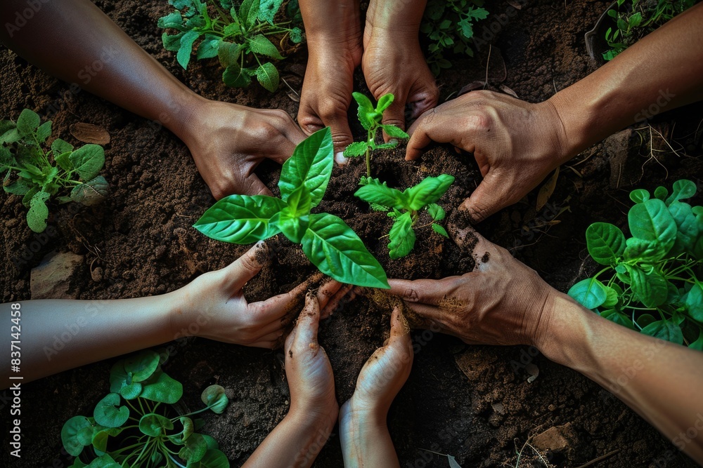 A group of people are planting a tree together. Concept of community ...