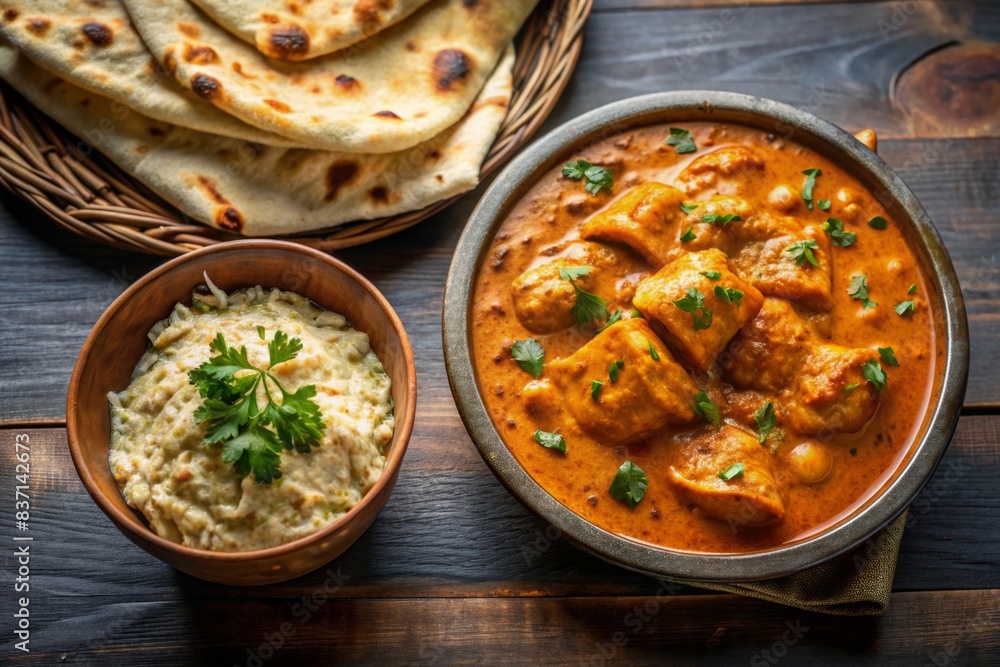 Traditional Indian dish of Naan roti and chicken makhani butter, Indian ...